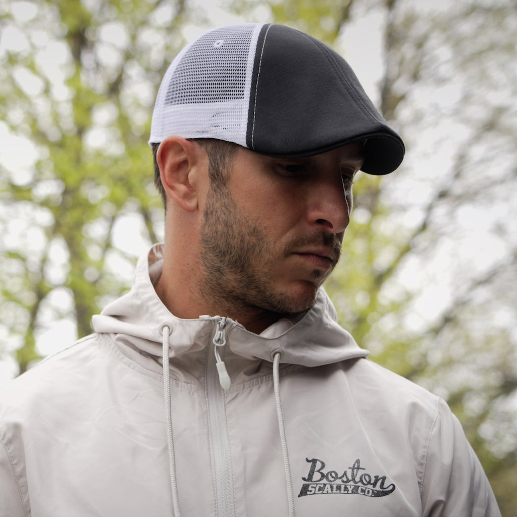 The Mesh Trucker Boston Scally Cap (Flat Cap) - Black with White