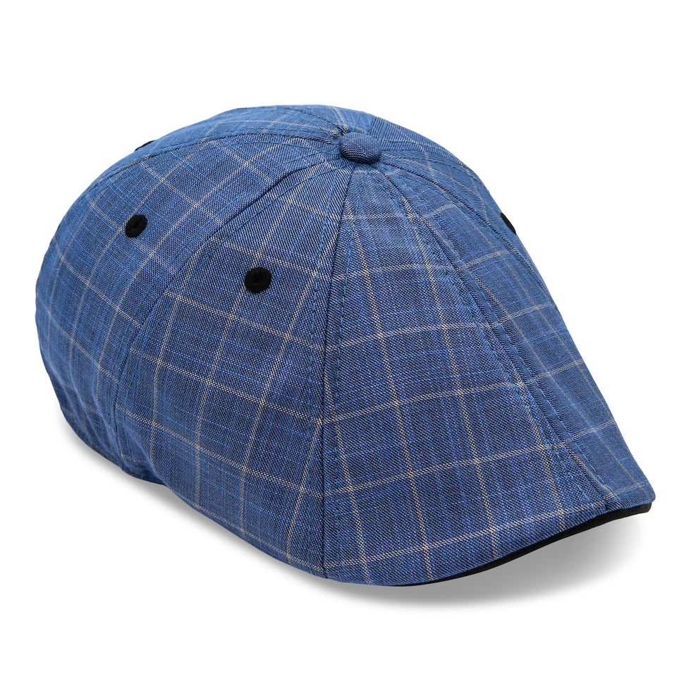 The 8-Panel Plaid Trainer Boston Scally Cap (Flat Cap) - Steel Blue Plaid