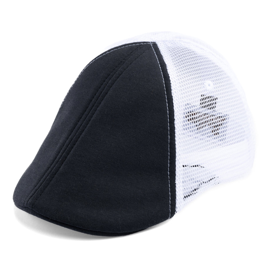 The Mesh Trucker Boston Scally Cap (Flat Cap) - Black with White